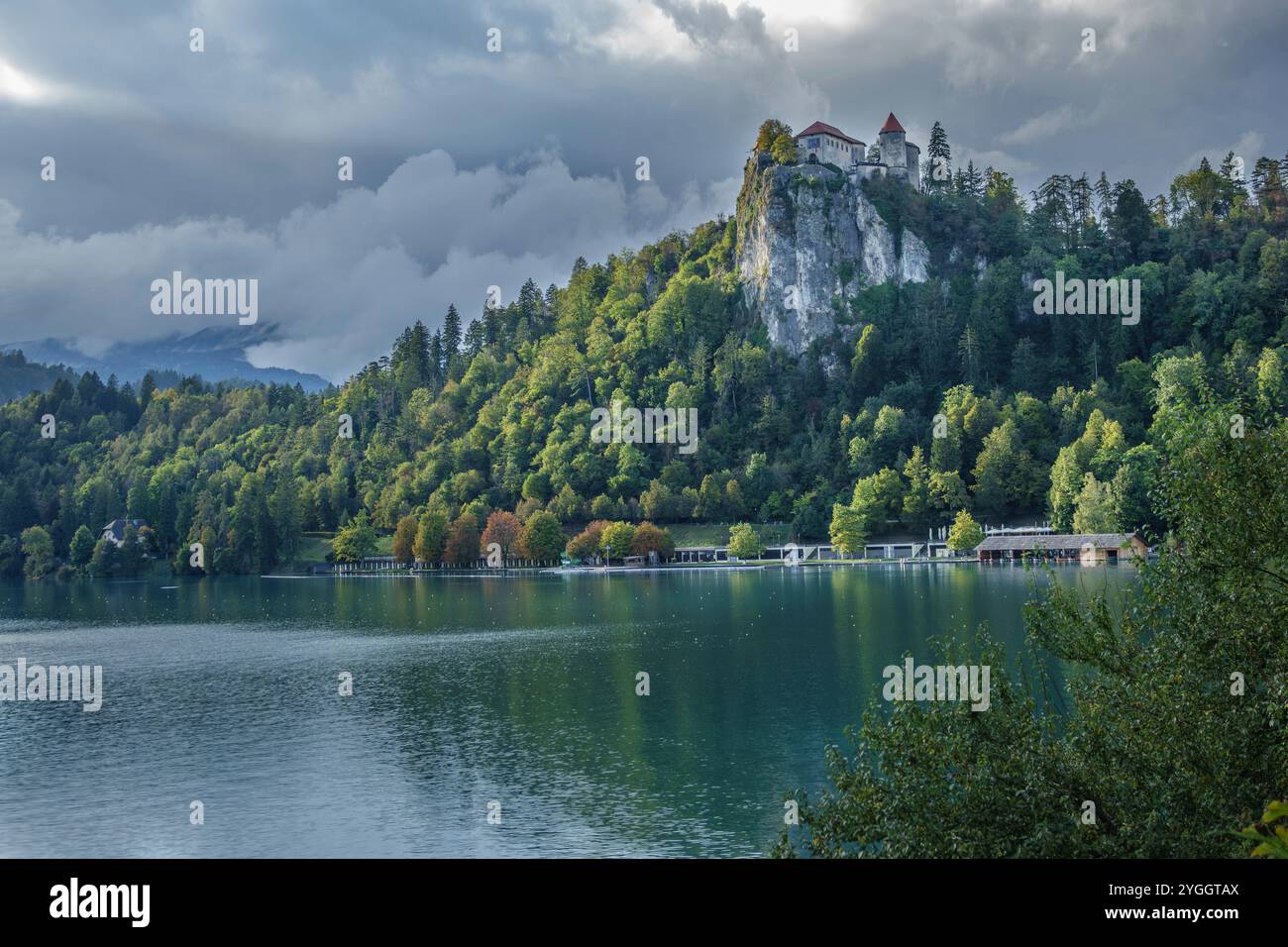 Slovenia, Bled Castle, Blejski grad, autumn picture with heavy cloud ...