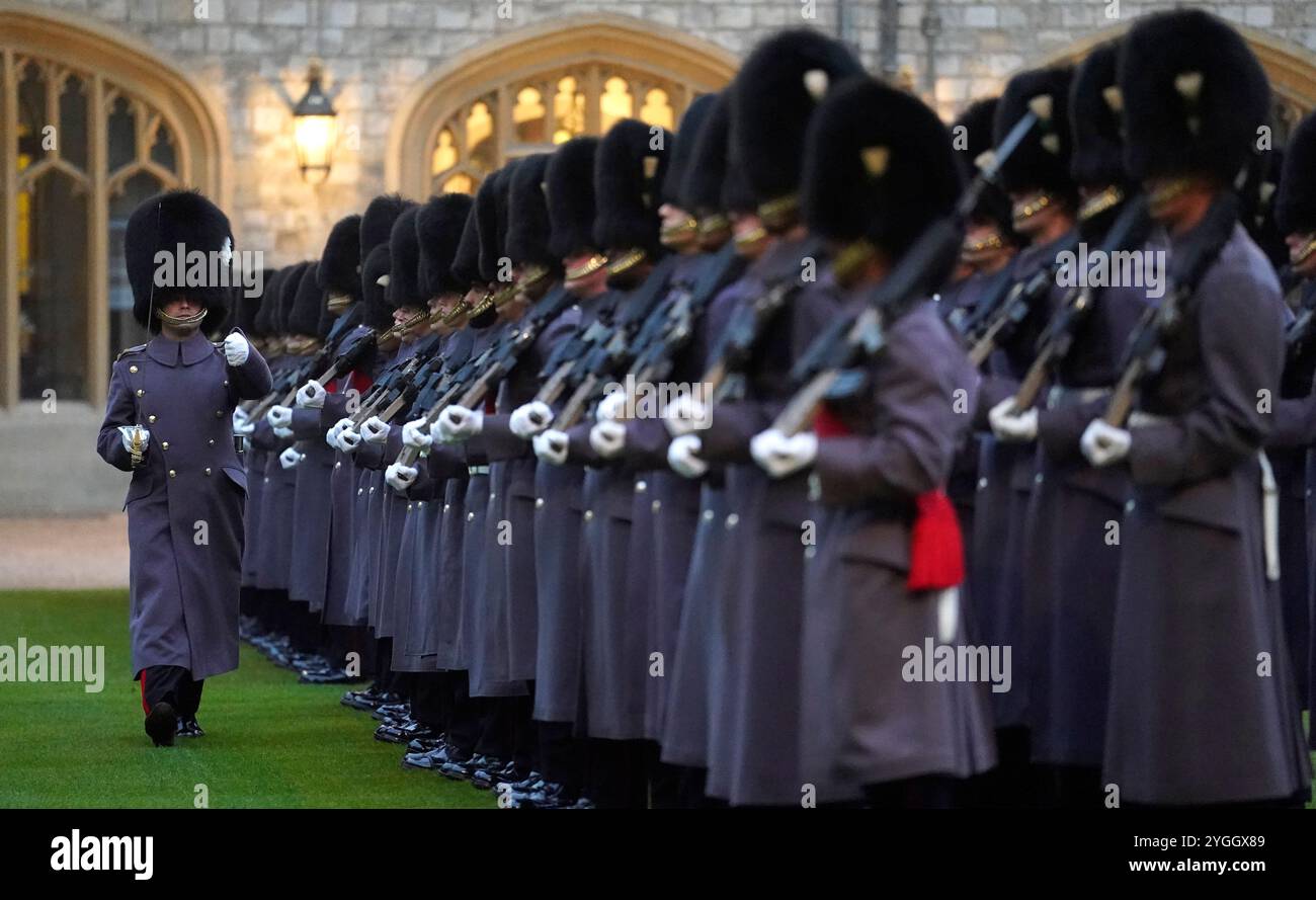 Members of the 1st Battalion Welsh Guards, perform a Guard of Honour ...