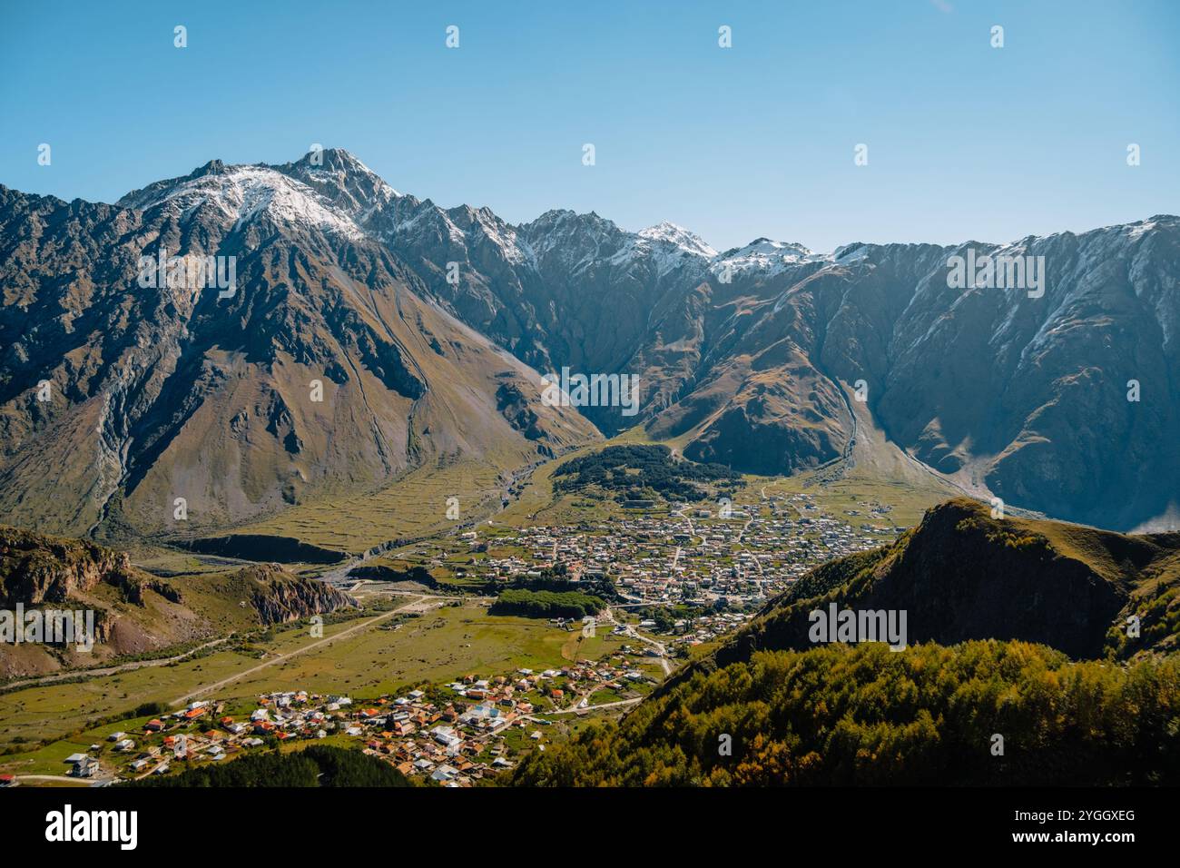 View on the small town of Stepantsminda and the Kazbegi valley from ...