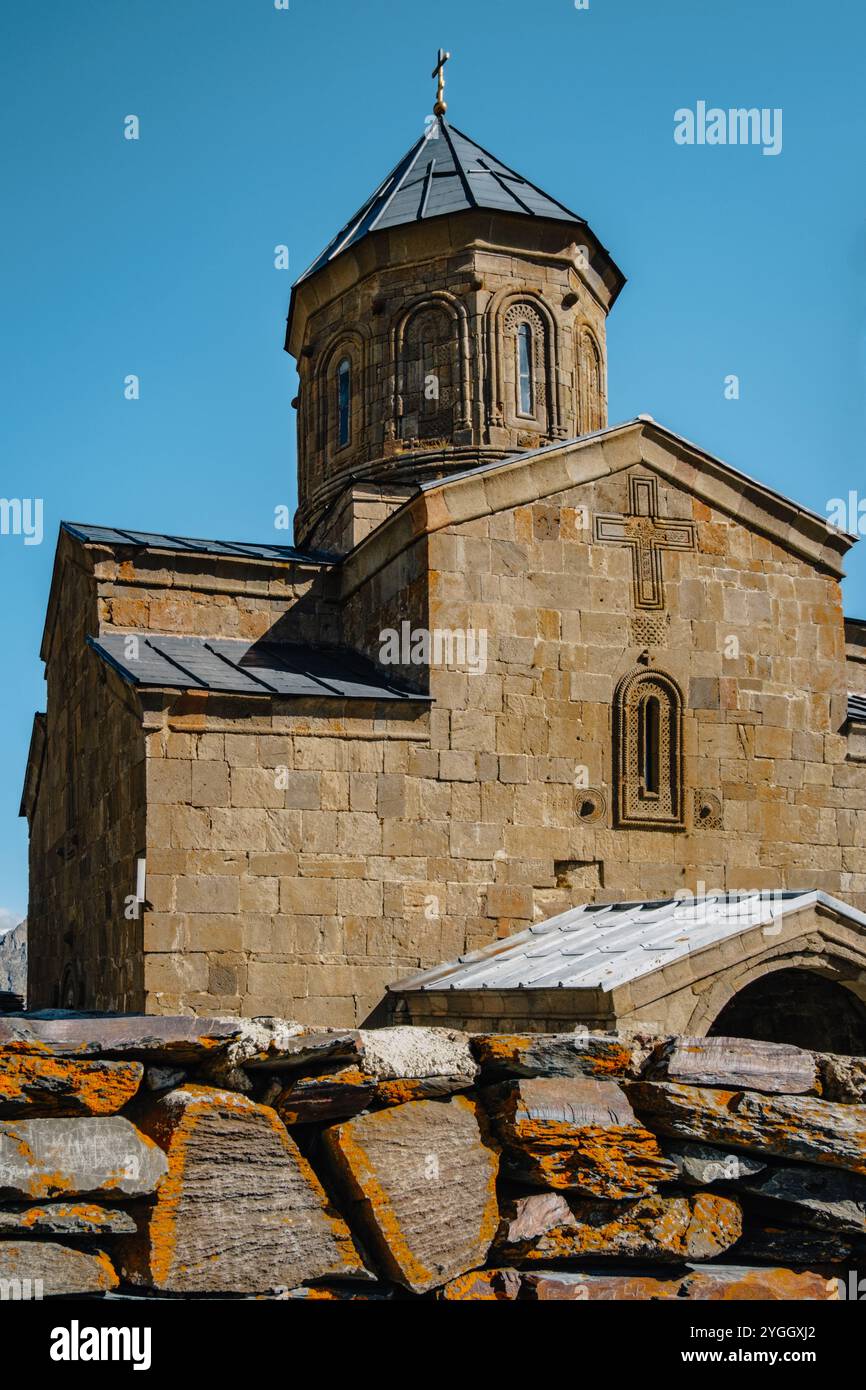 A beautifully preserved ancient stone church, the Gergeti Trinity ...