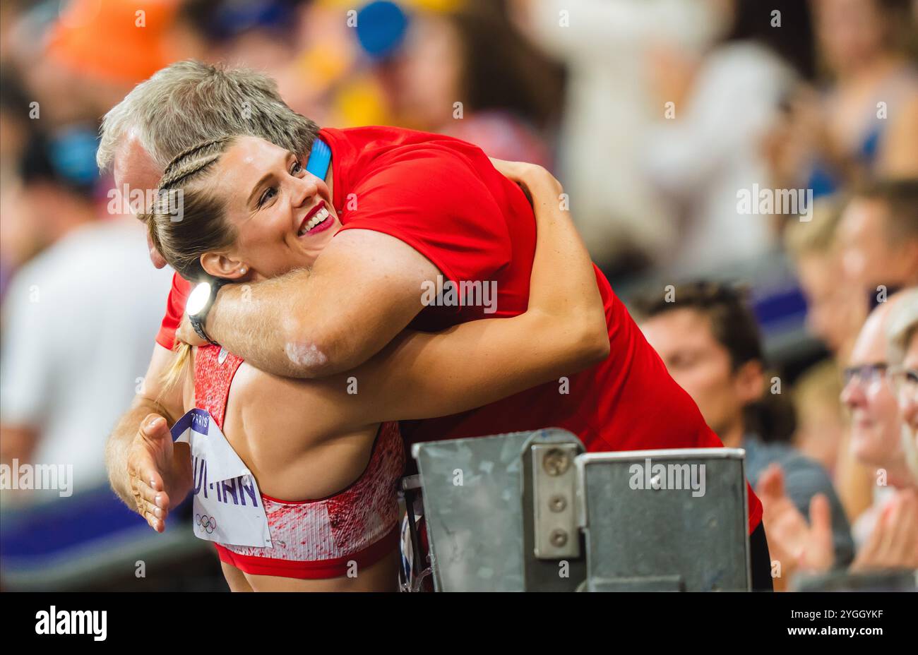 Alysha Newman participating in the pole vault at the Paris 2024 Olympic ...
