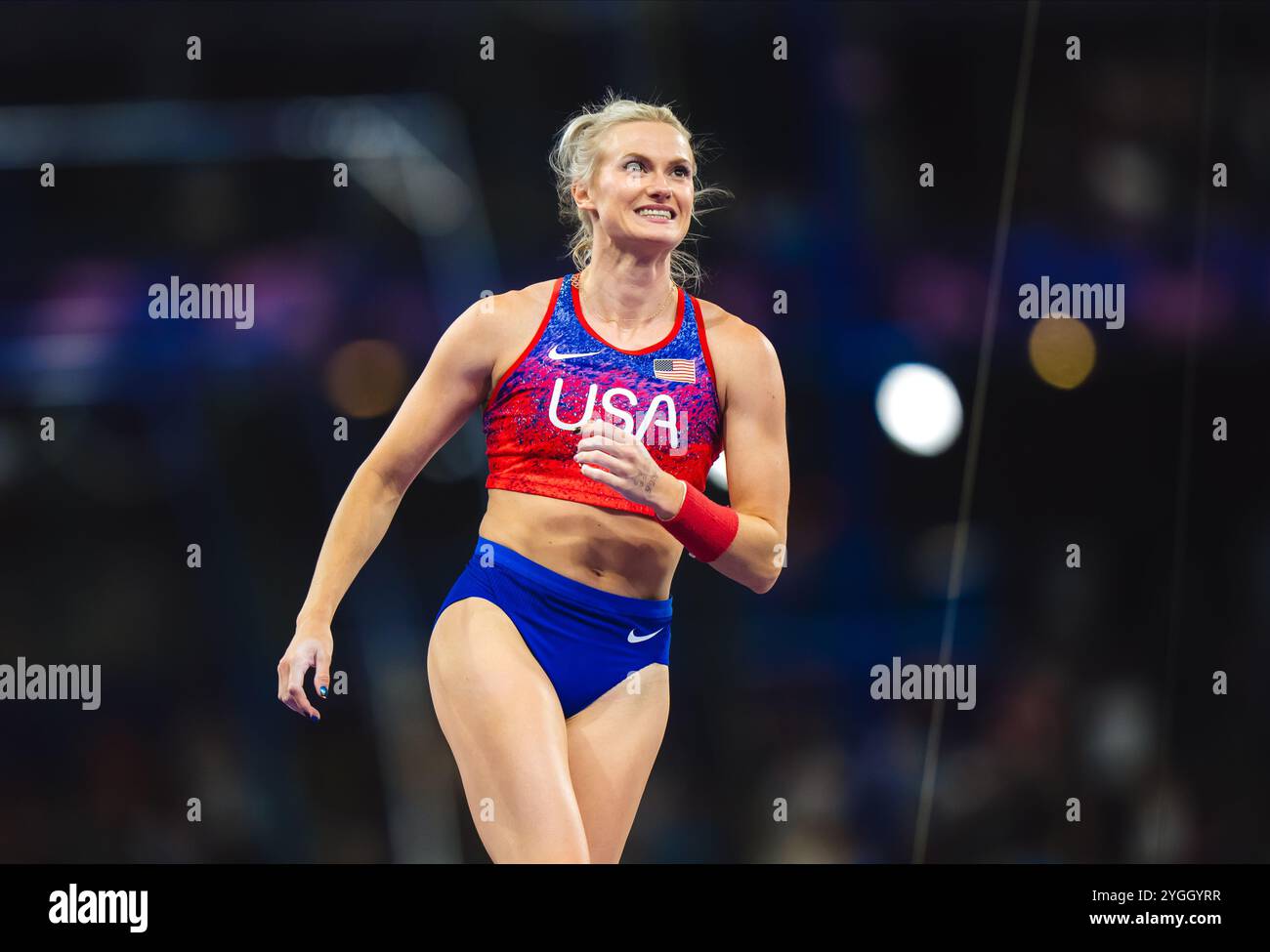 Katie Moon participating in the pole vault at the Paris 2024 Olympic ...
