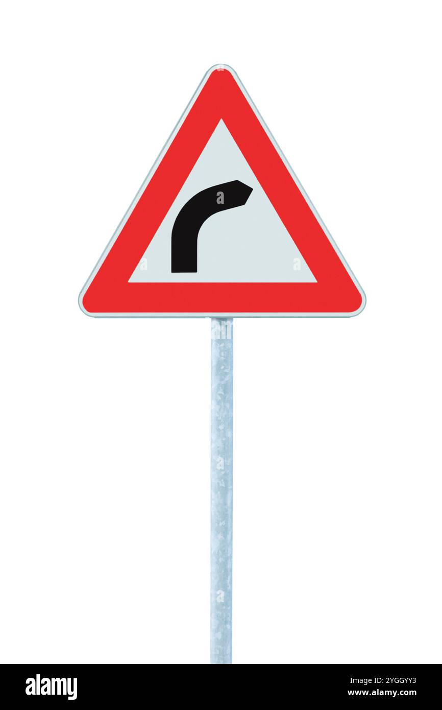 Bend to right ahead road sign, large detailed isolated vertical white ...