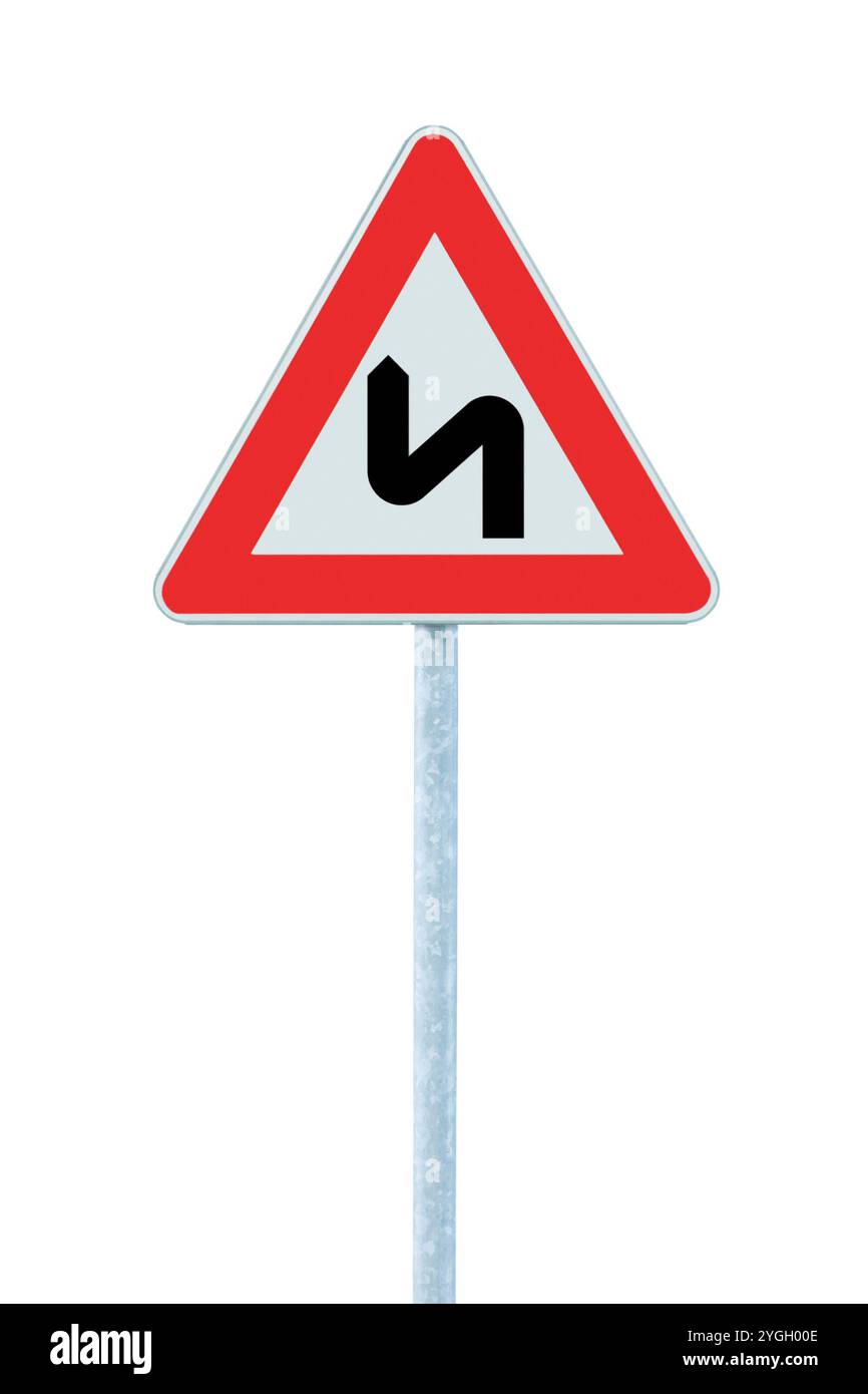 Double bend ahead, first to the left road sign, large detailed isolated vertical white ...