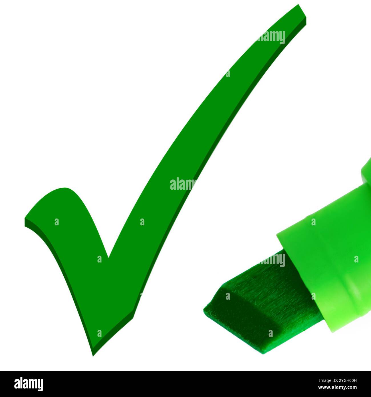 Neon green marker pen, tick mark check box checkmark, large detailed ...