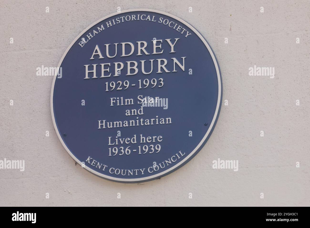 England, Kent, Elham Valley, Elham Village, Blue Plaque on the House where Audrey Hepburn Lived ...