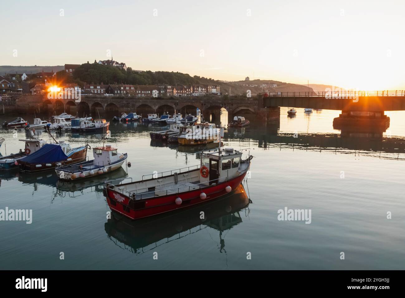 England, Kent, Folkestone, Sunrise over Folkstone Harbour Stock Photo ...
