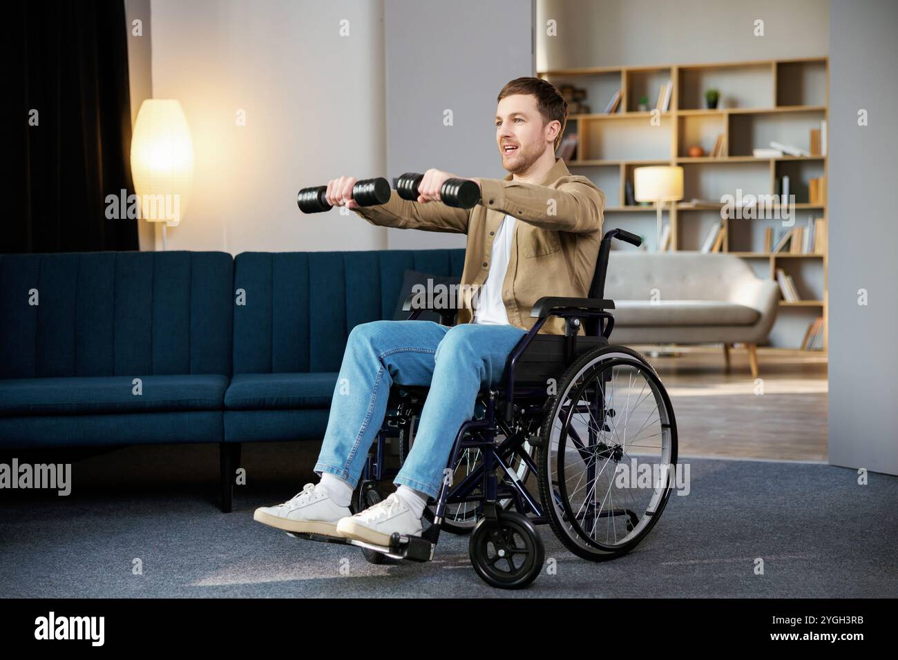 Physical rehabilitation for disabled people. Happy guy in wheelchair ...