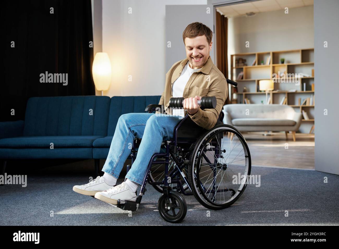 Physical rehabilitation for disabled people. Happy guy in wheelchair ...