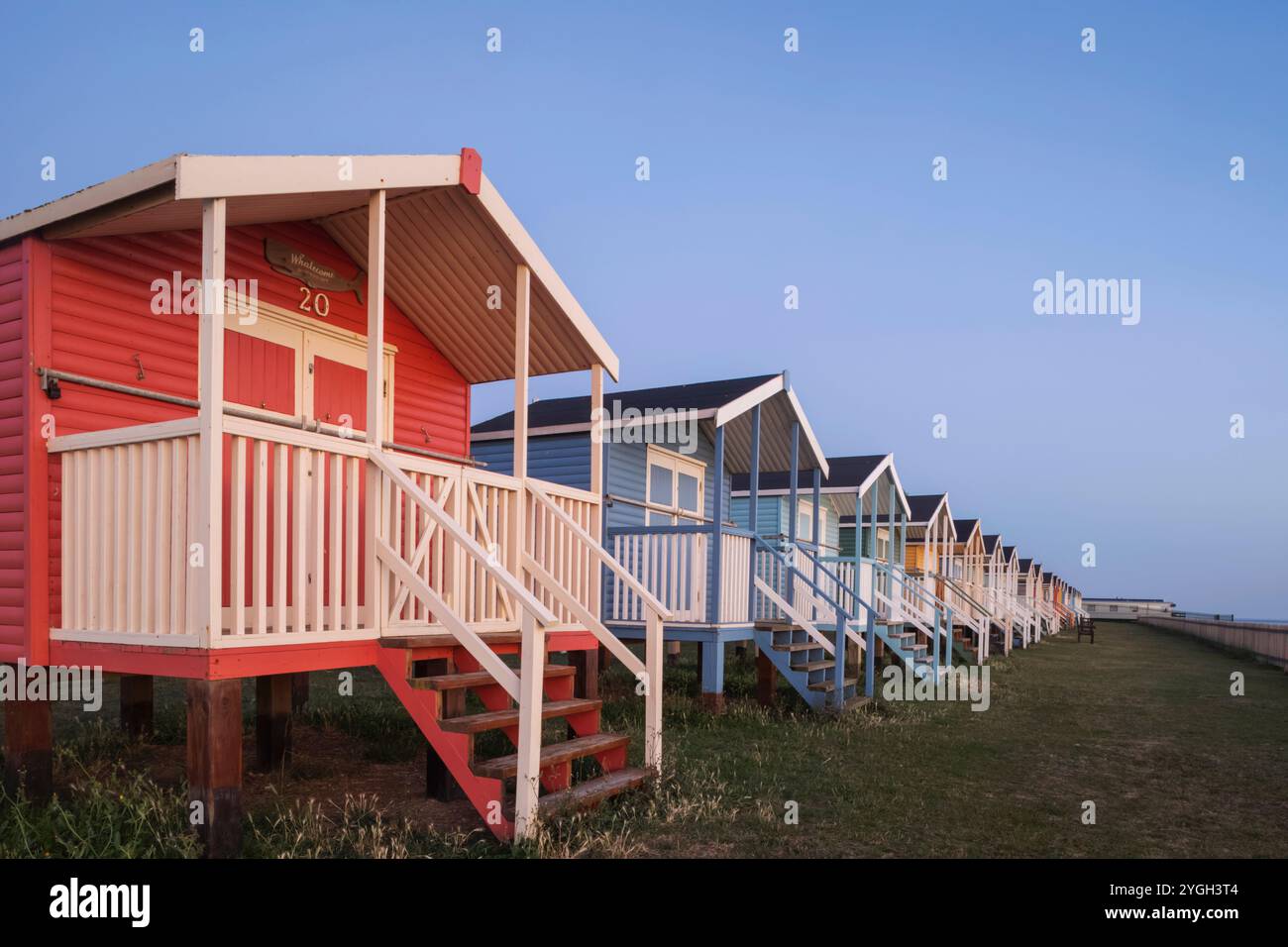 England, Kent, Isle of Sheppey, Leysdown on Sea, Row of Colourful Beach ...