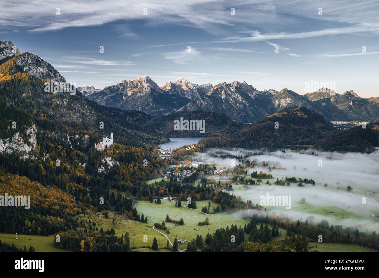 View from the Alps to the royal castles of Neuschwanstein Castle and ...