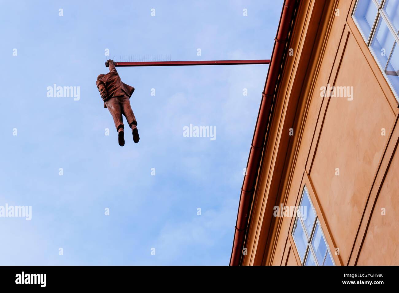 The 220 cm high statue of Sigmund Freud hanging by one hand from the ...