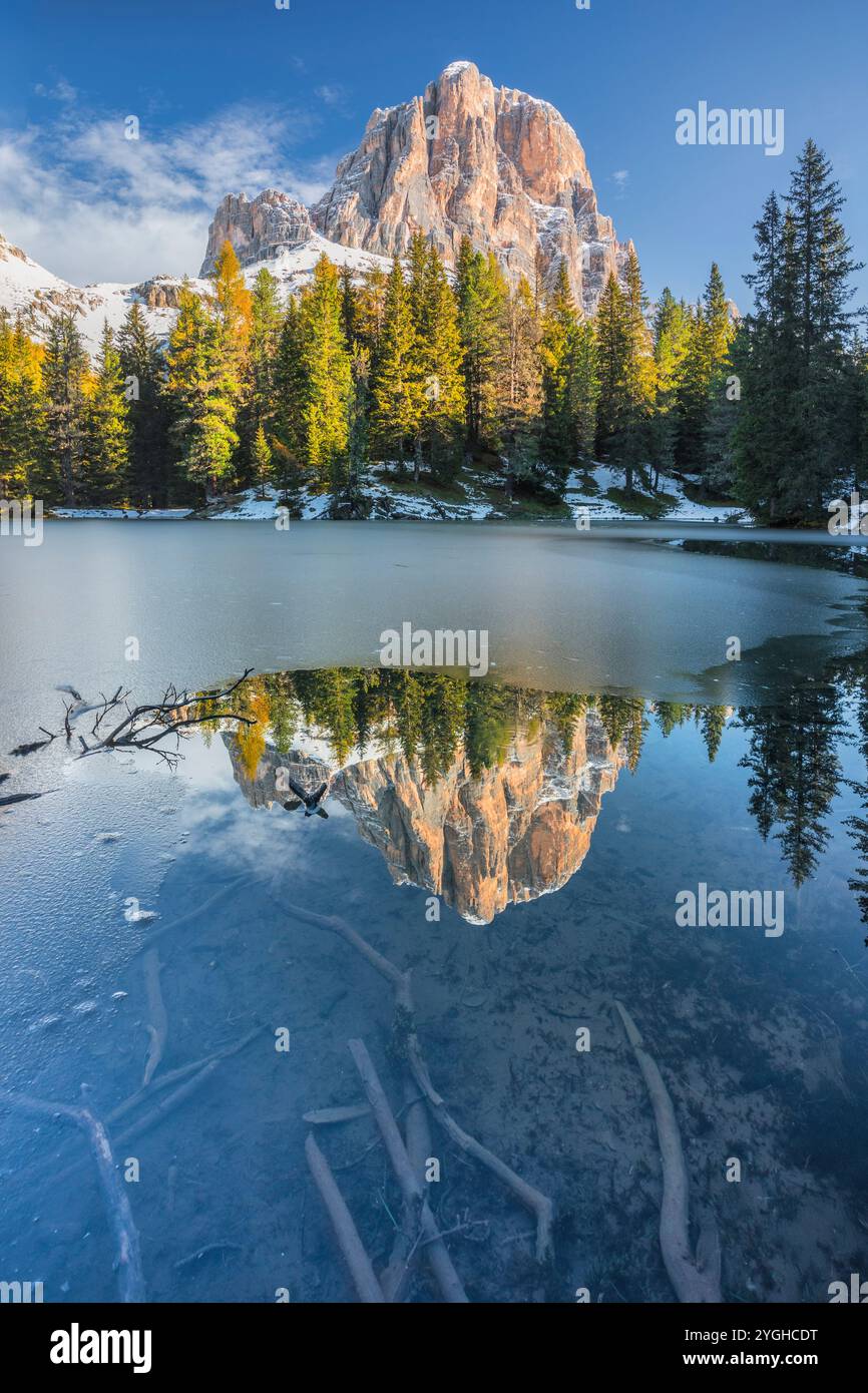 The small alpine lake of Bai de Dones on an autumn morning, with the ...