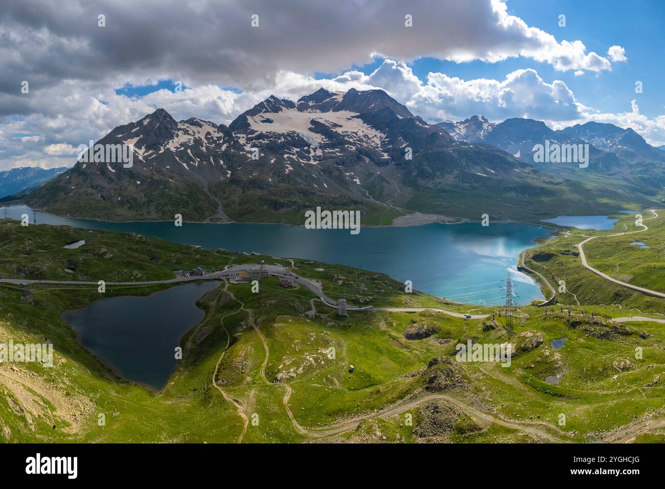 Aerial view of the Lago Bianco, Lagh da la Cruseta and mountains at ...