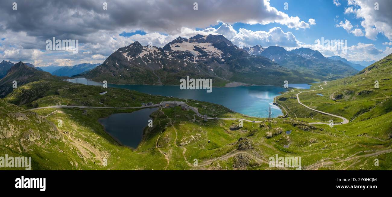 Aerial view of the Lago Bianco, Lagh da la Cruseta and mountains at ...