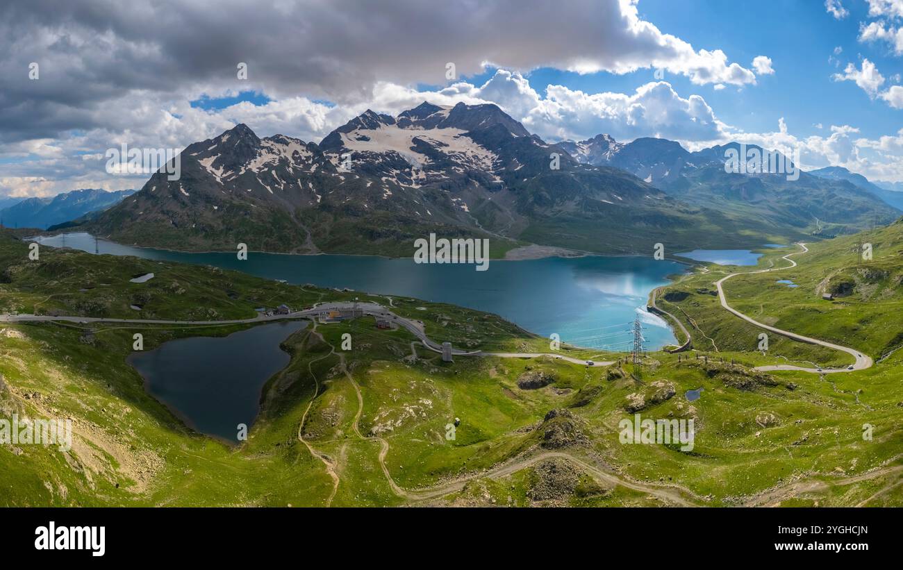 Aerial view of the Lago Bianco, Lagh da la Cruseta and mountains at ...