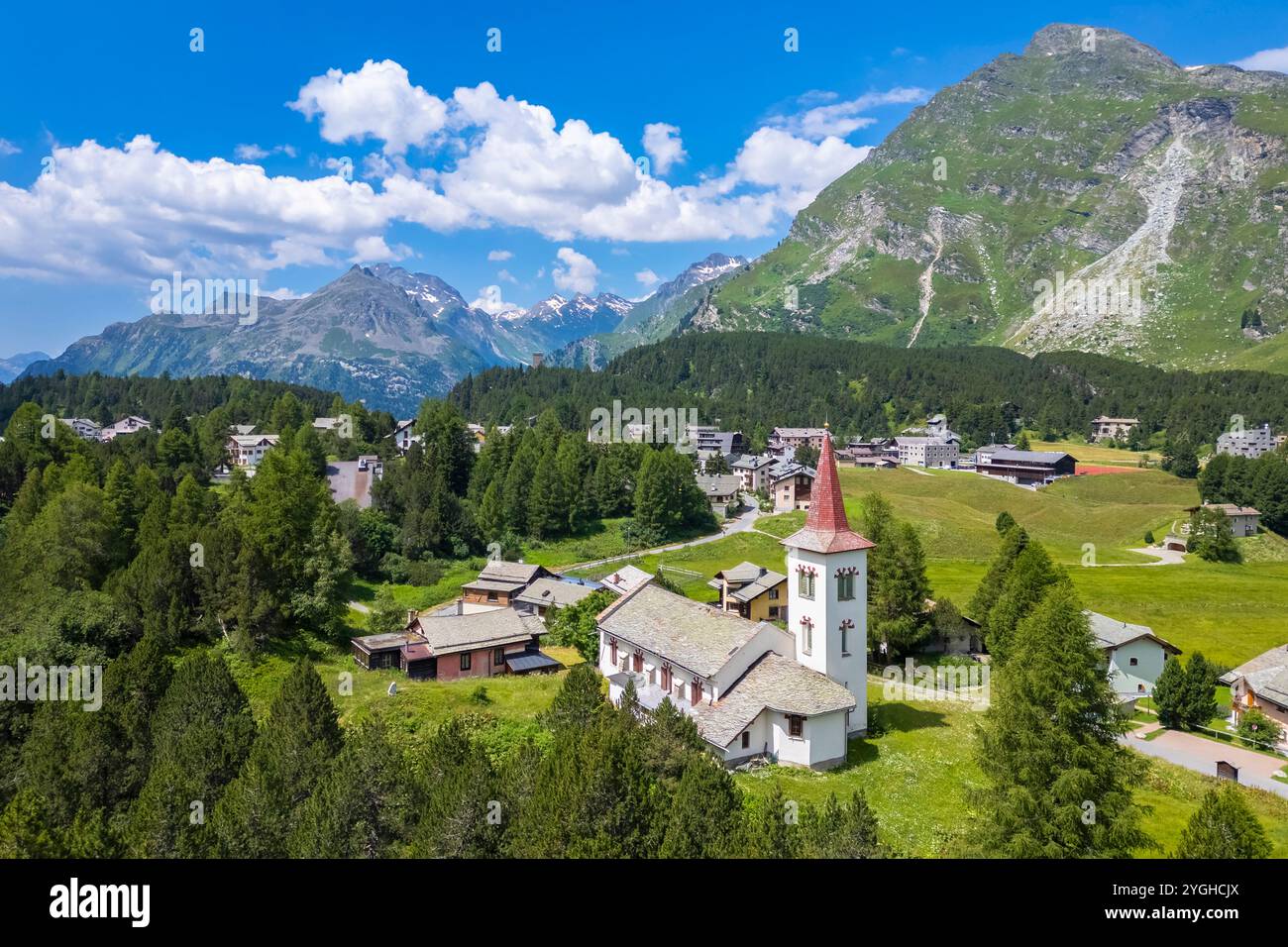 Aerial view of the Chiesa Bianca during summer. Maloja, Bregaglia ...
