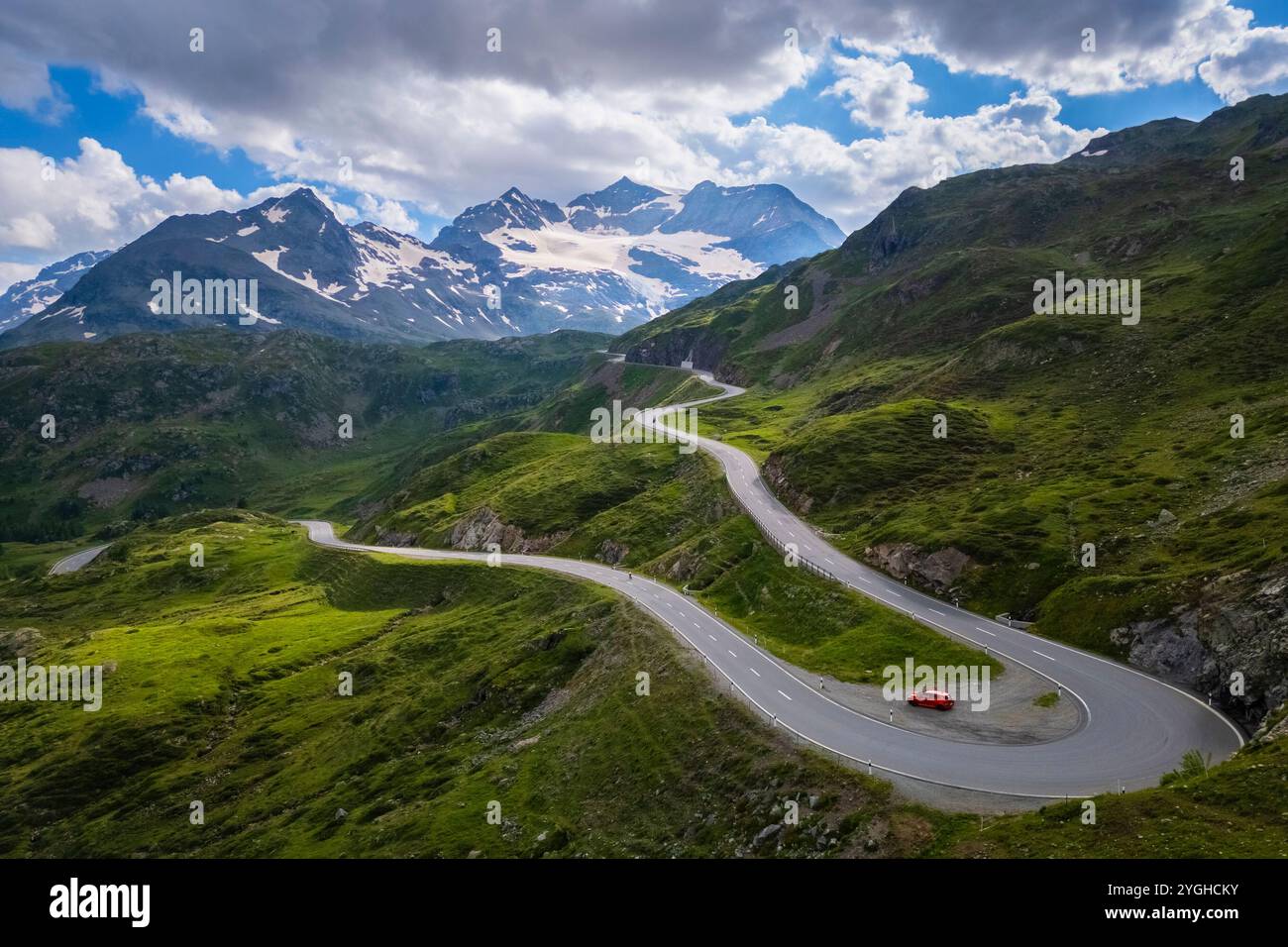 Aerial view an hairpin bend at Bernina pass, Graubunden, Engadin ...