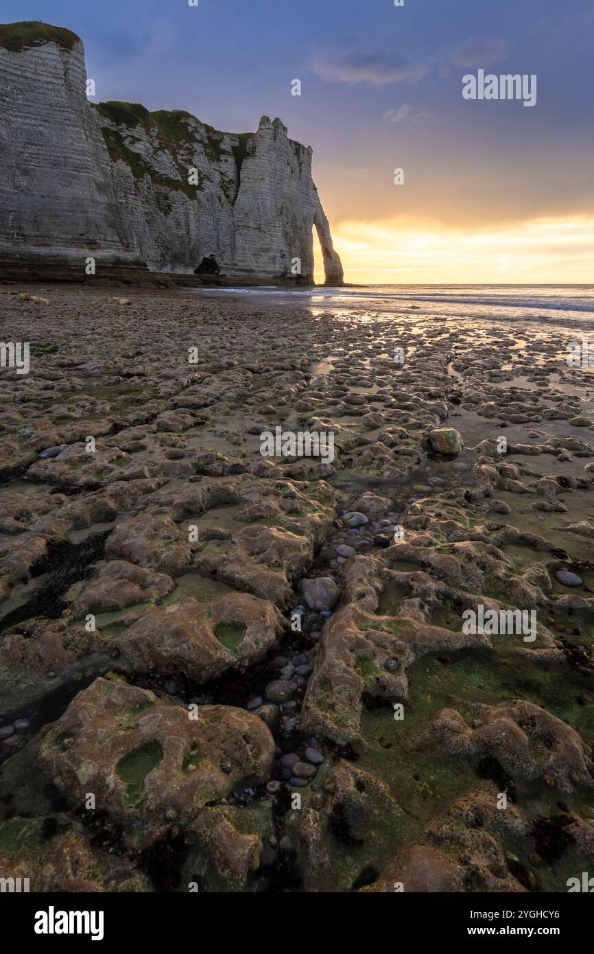 Sunset at the cliff and arch of Etretat, Octeville sur Mer, Le Havre ...