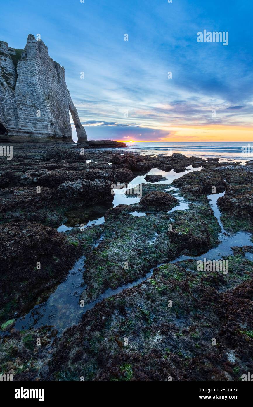 Sunset at the cliff and arch of Etretat, Octeville sur Mer, Le Havre ...