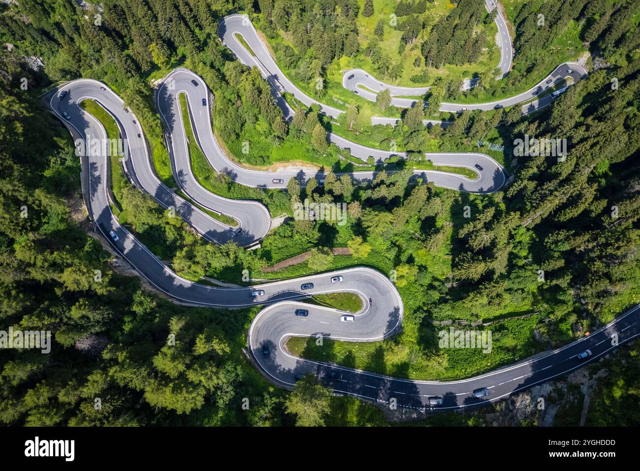 Aerial view of the Maloja Pass during summer. Maloja, Bregaglia, canton ...