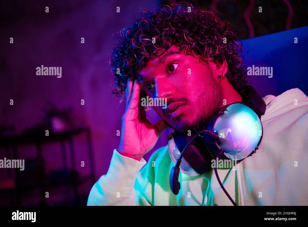 Photo of cute young guy stressed panic losing game play gamer computer ...