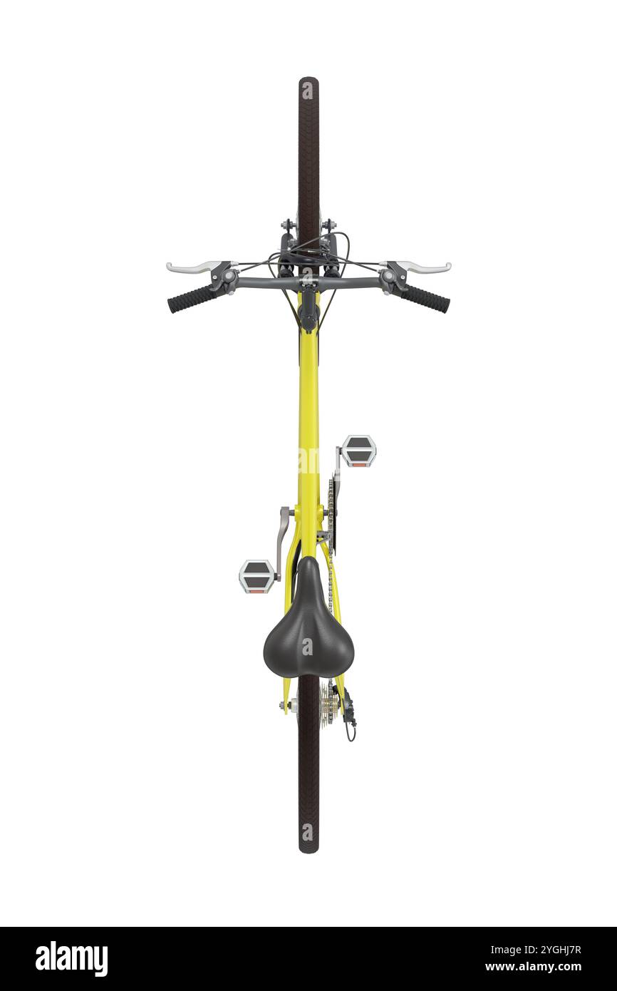 Yellow bicycle, top view. Black leather saddle and handles. Isolated on ...