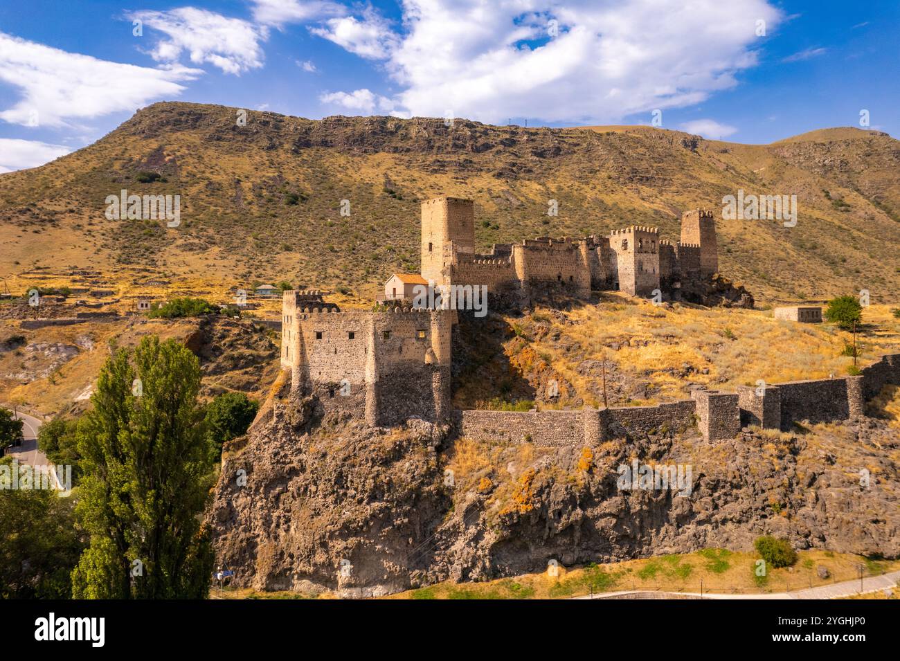 Aerial Panoramic view of medieval castle Khetvisi. Meskheti fortress ...