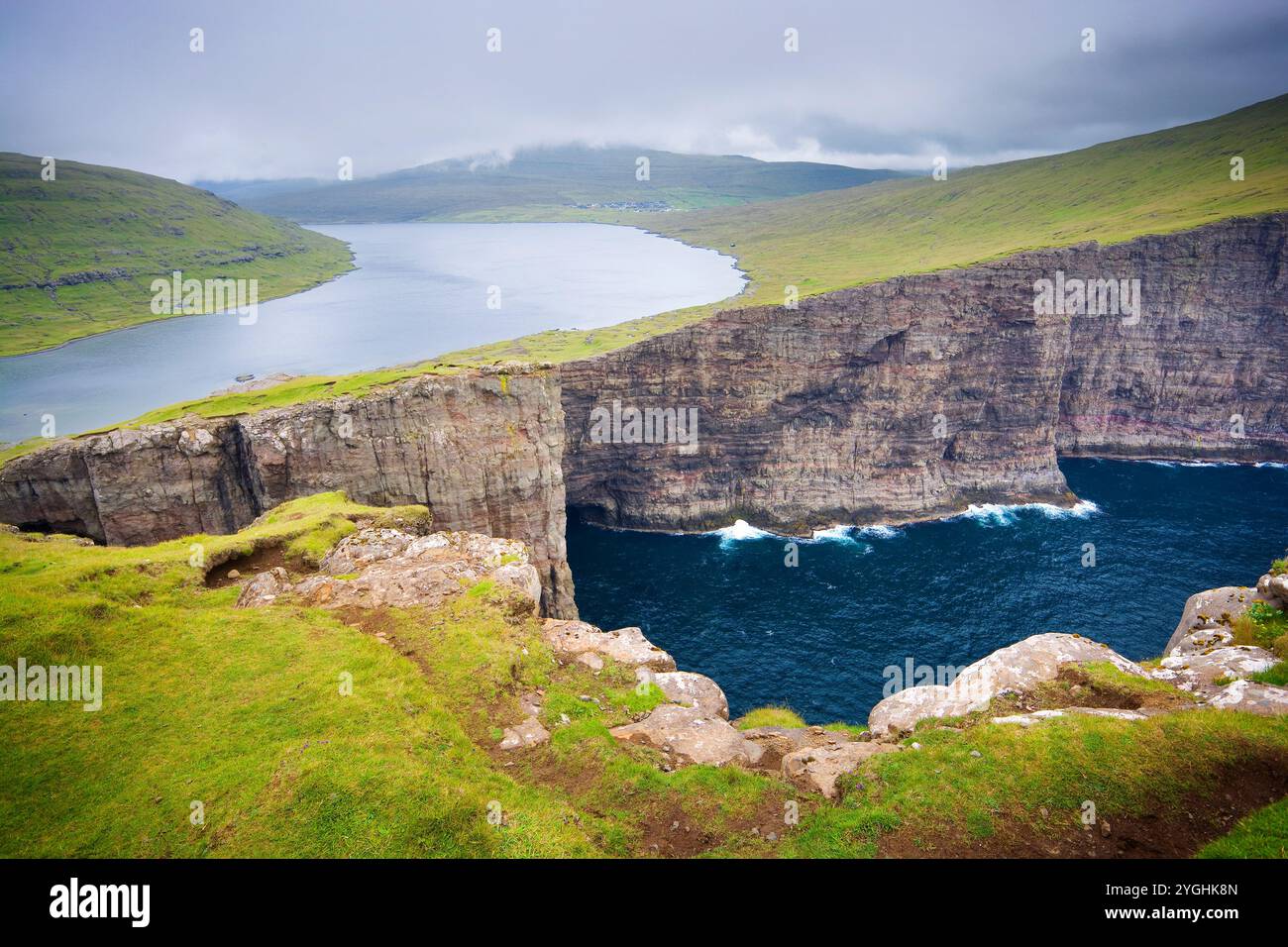 View of "floating lake" Leitisvatn and the Slave Cliff from vantage ...