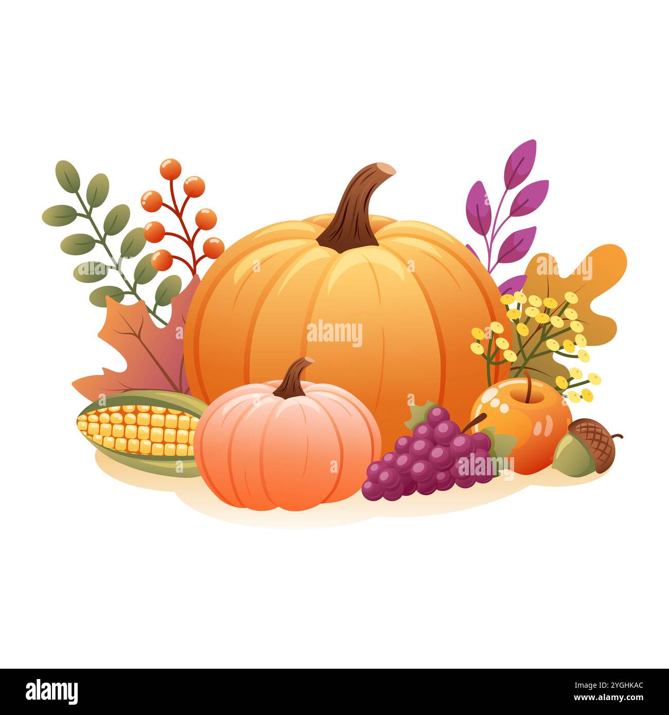 Autumn harvest vector illustration featuring pumpkins, corn, grapes ...