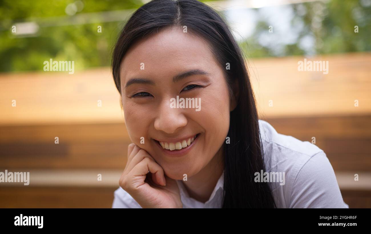Close up face happy Asian Korean Chinese Japanese woman female girl ...