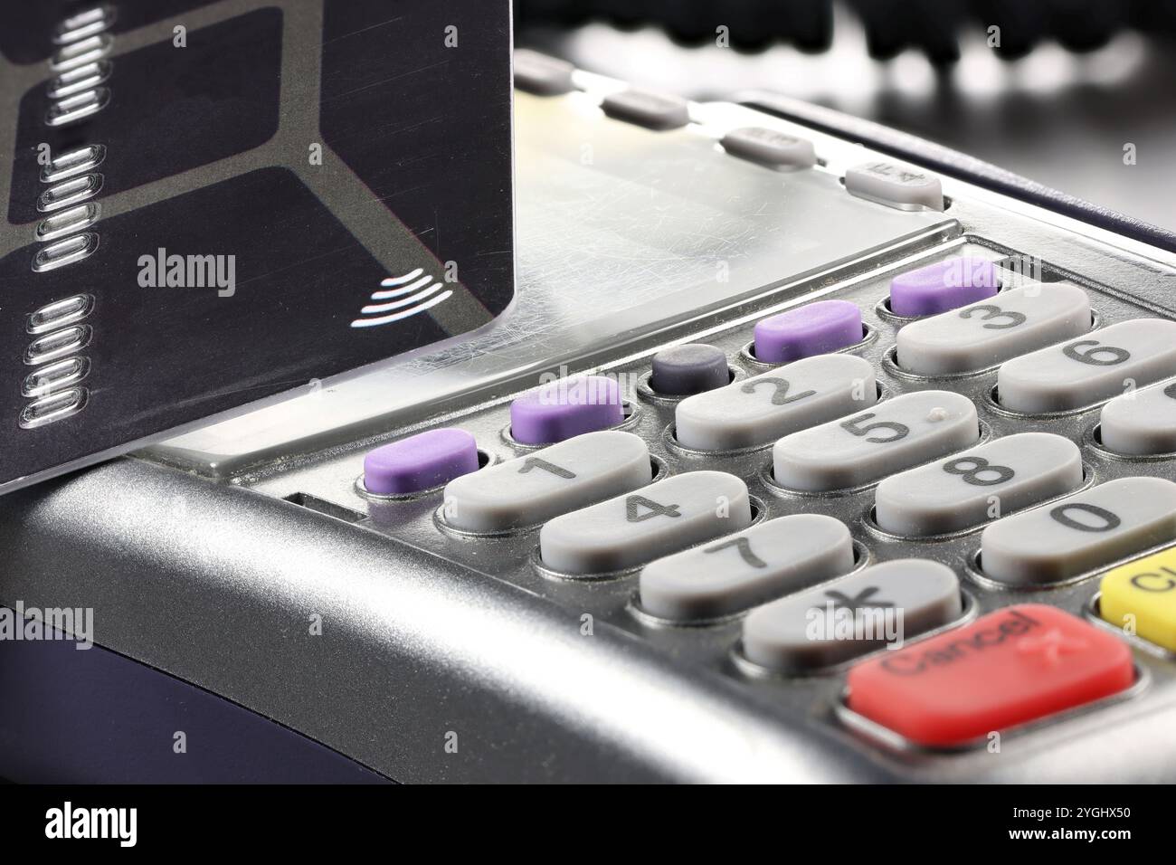 bank card for nfc based payment held over payment terminal Stock Photo ...