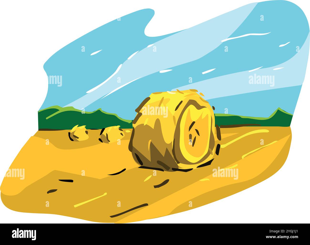 An abstract vector illustration depicts wheat farming in a hay field ...