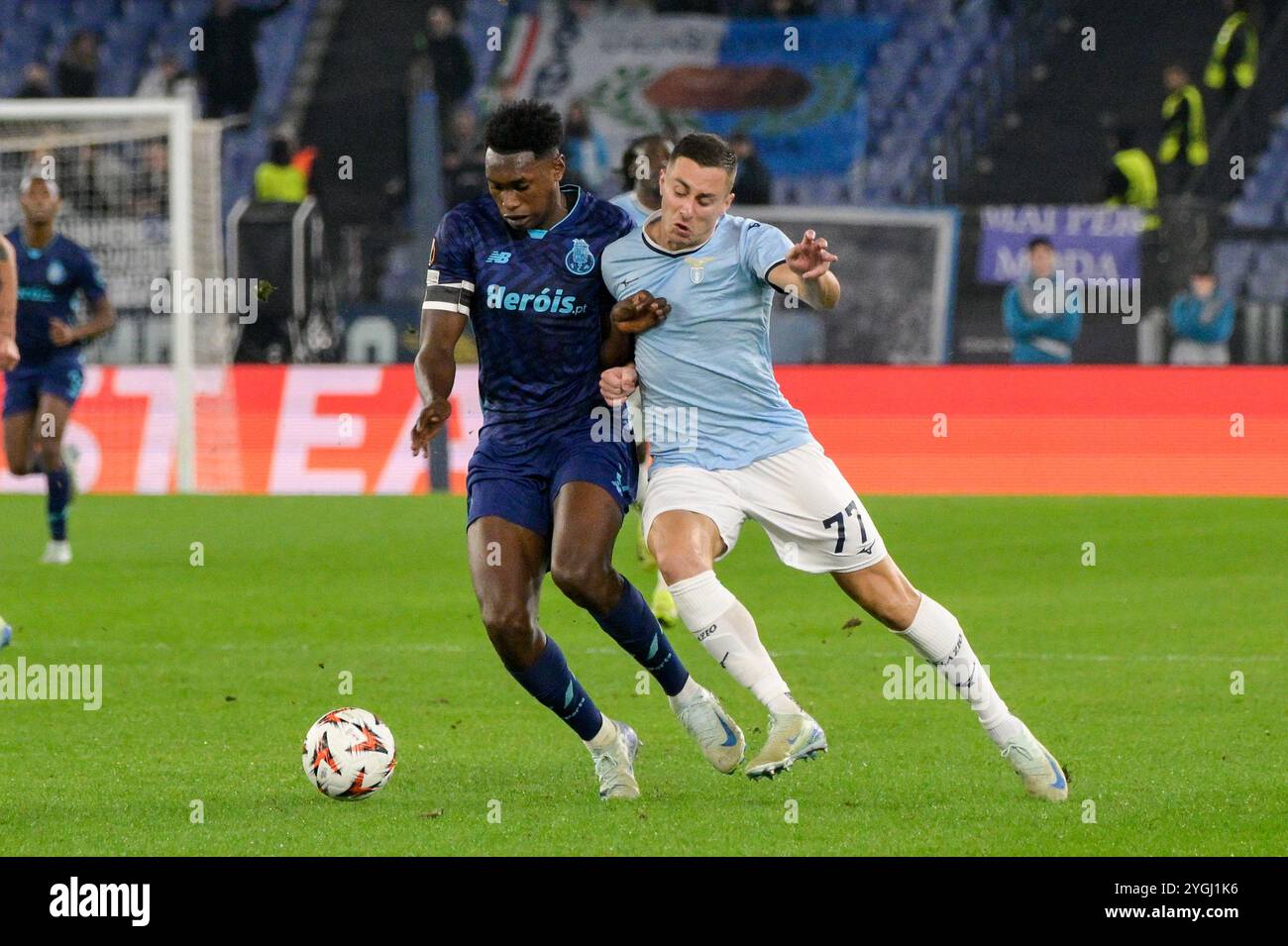 Portoâ s Samu Omorodion and Lazioâ s Adam Marusic during the UEFA ...