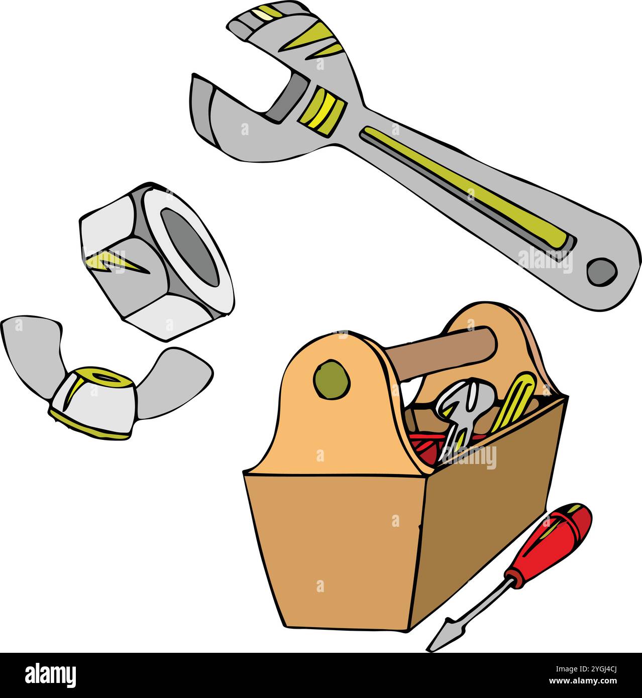 wooden toolbox concept emblem poster with saw hammer spanner and level ...