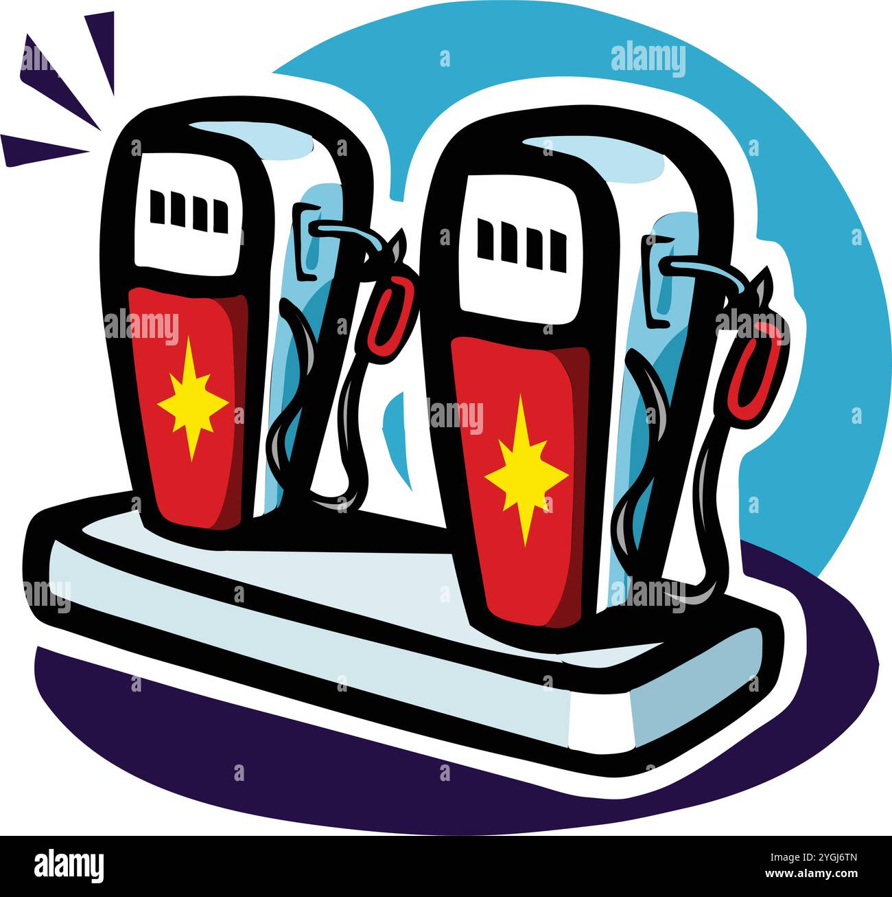 An abstract vector illustration shows a fuel pump at a gas station in a ...