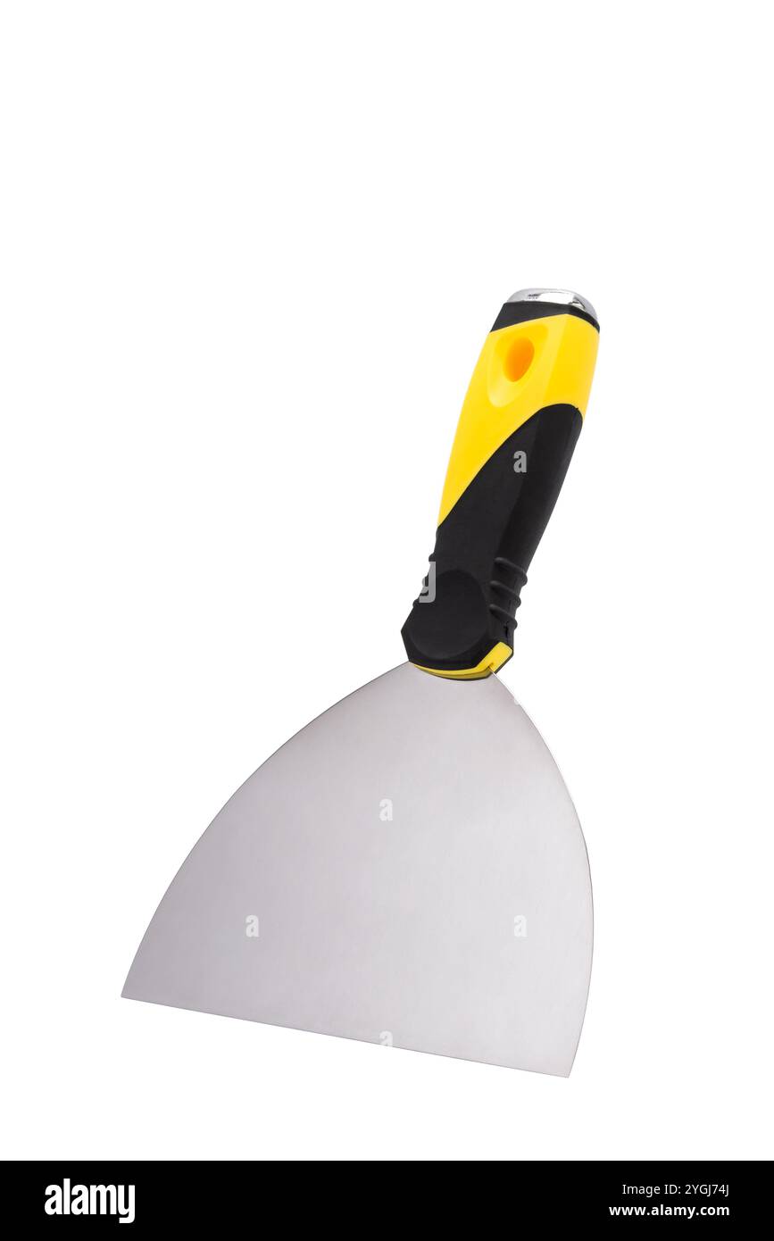 Steel trowel scraper or spatula with black-yellow rubberized handle isolated on white background ...