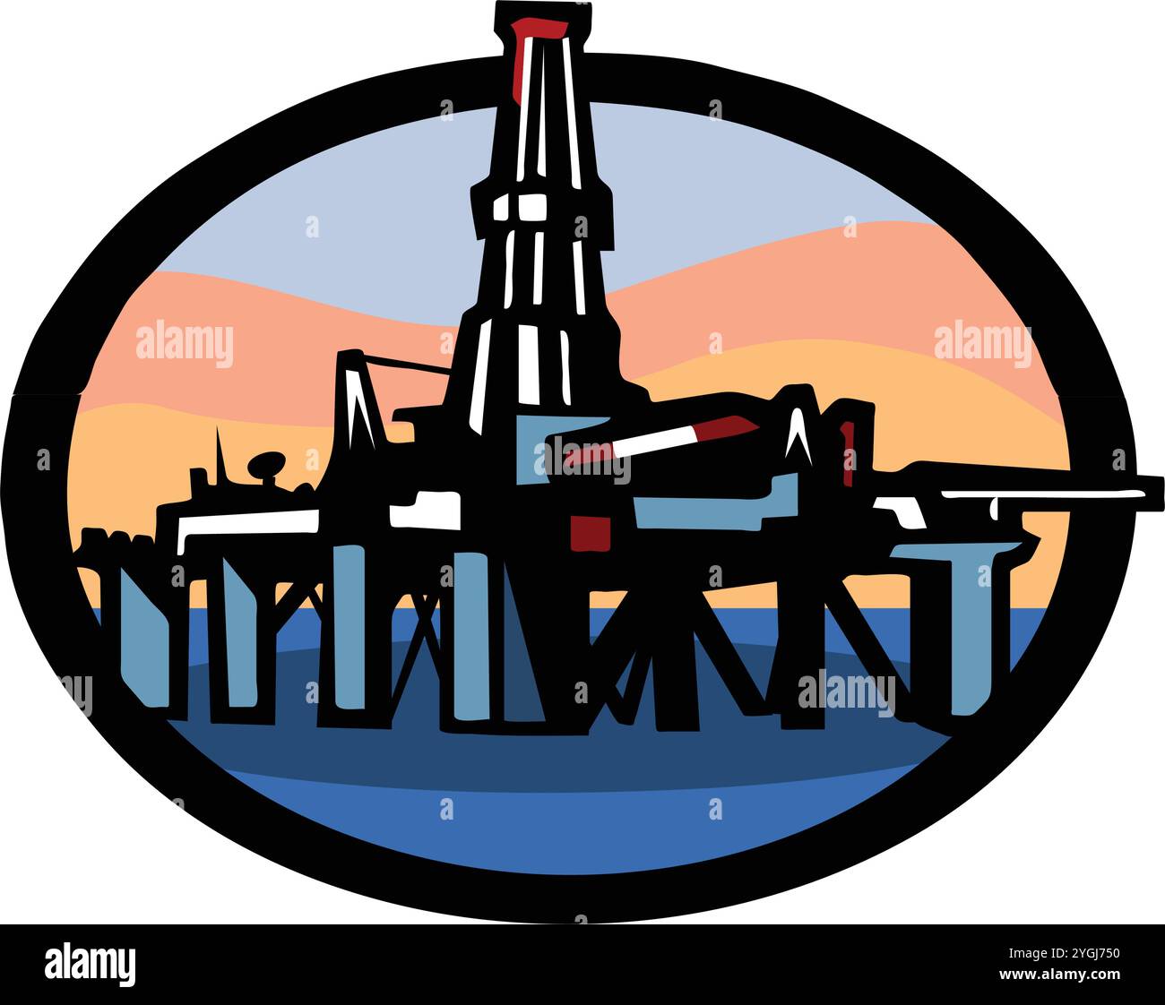 An abstract vector illustration shows a cartoon style oil drilling ...