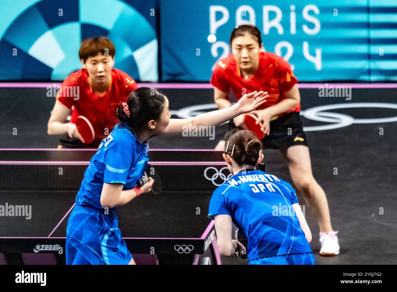 Table tennis – women's team gold medal match. Wang Manyu (L rear) -Chen ...