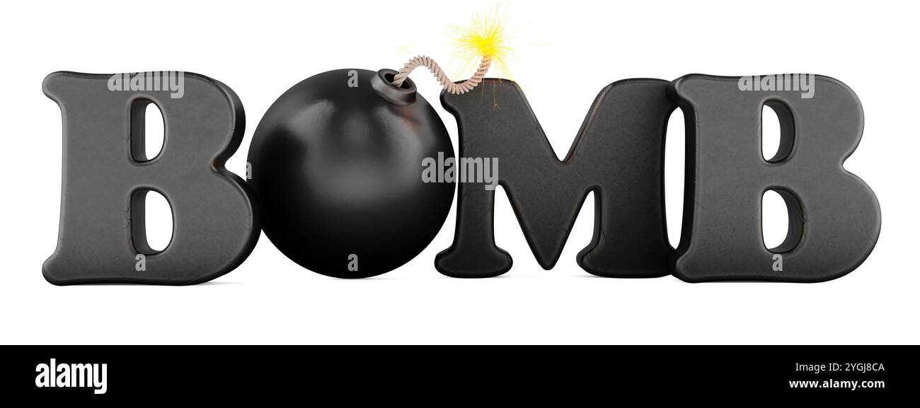 Bomb text with black round bomb. 3D rendering isolated on white ...