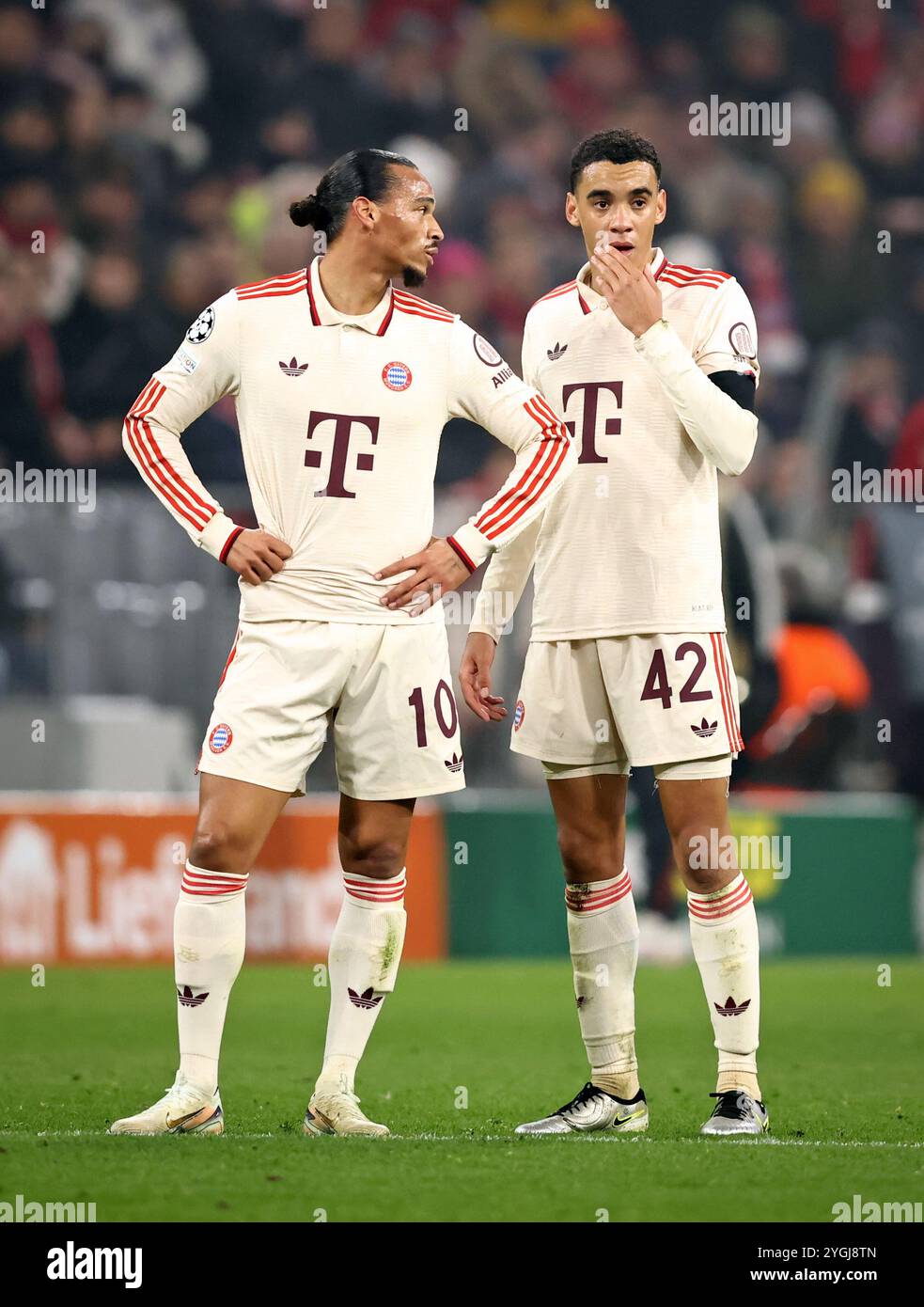 MUNICH, GERMANY - NOVEMBER 06: Leroy Sane of Bayern Muenchen and Jamal ...
