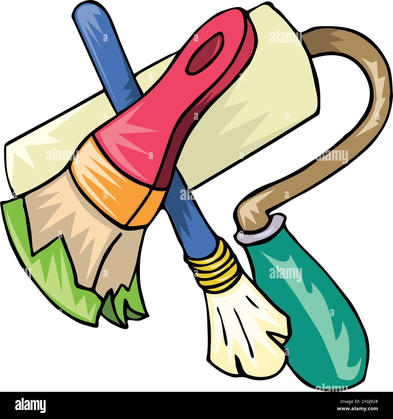 Painting work decorative icons set with bucket roller color palette ...