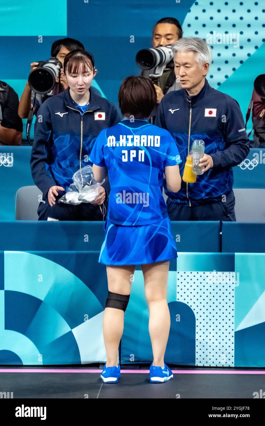 Table tennis – women's team gold medal match. Miu Hirano (JPN) with ...
