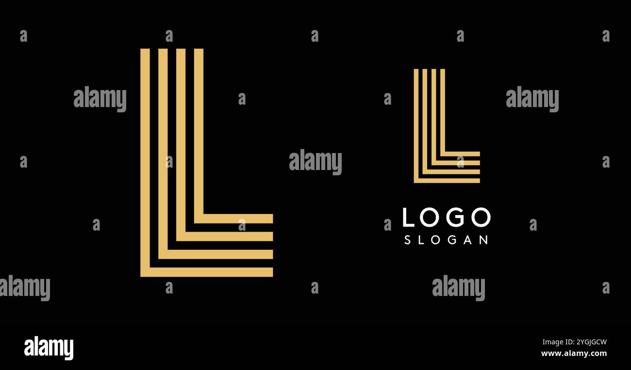 Geometric golden letter L with concentric lines on black background ...