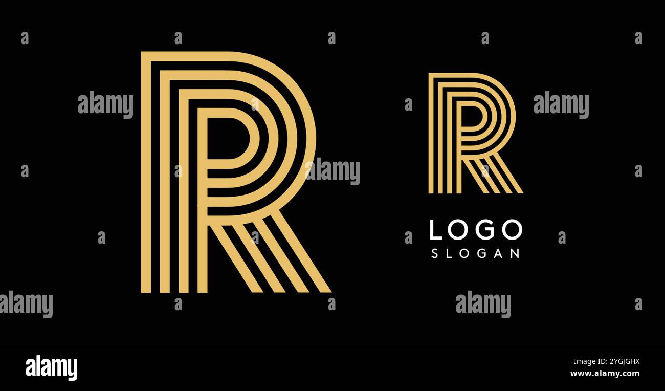 Geometric golden letter R with concentric lines on black background ...