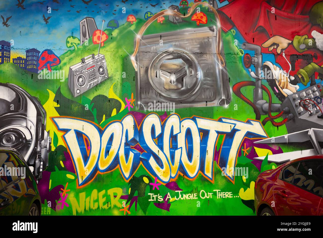 Detail of a 50 metre mural created by local street artists in Bristol ...