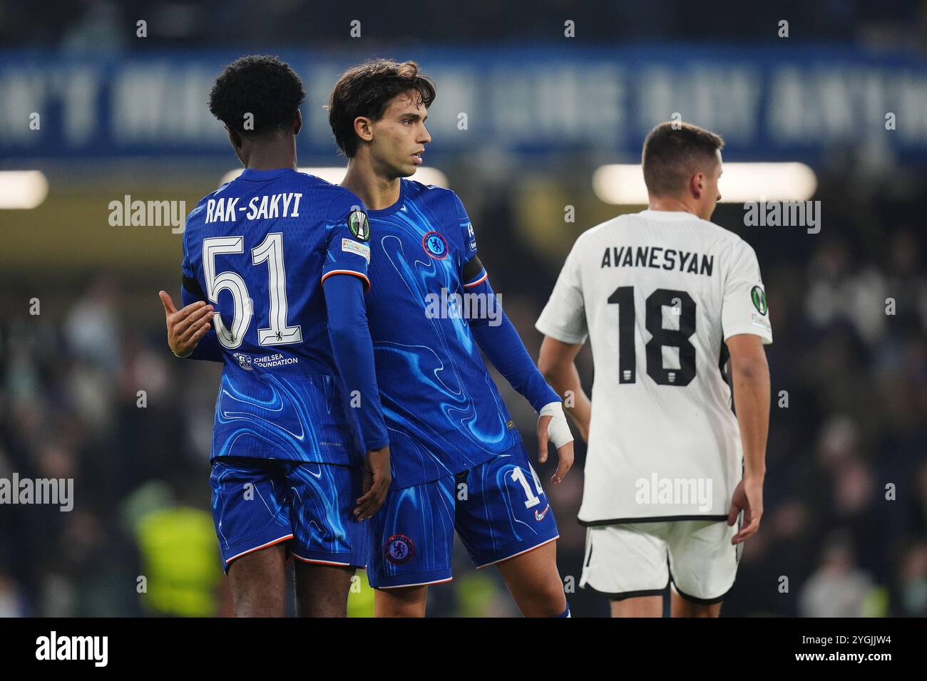 Chelsea's Joao Felix (centre) and Samuel Rak-Sakyi embrace after the ...