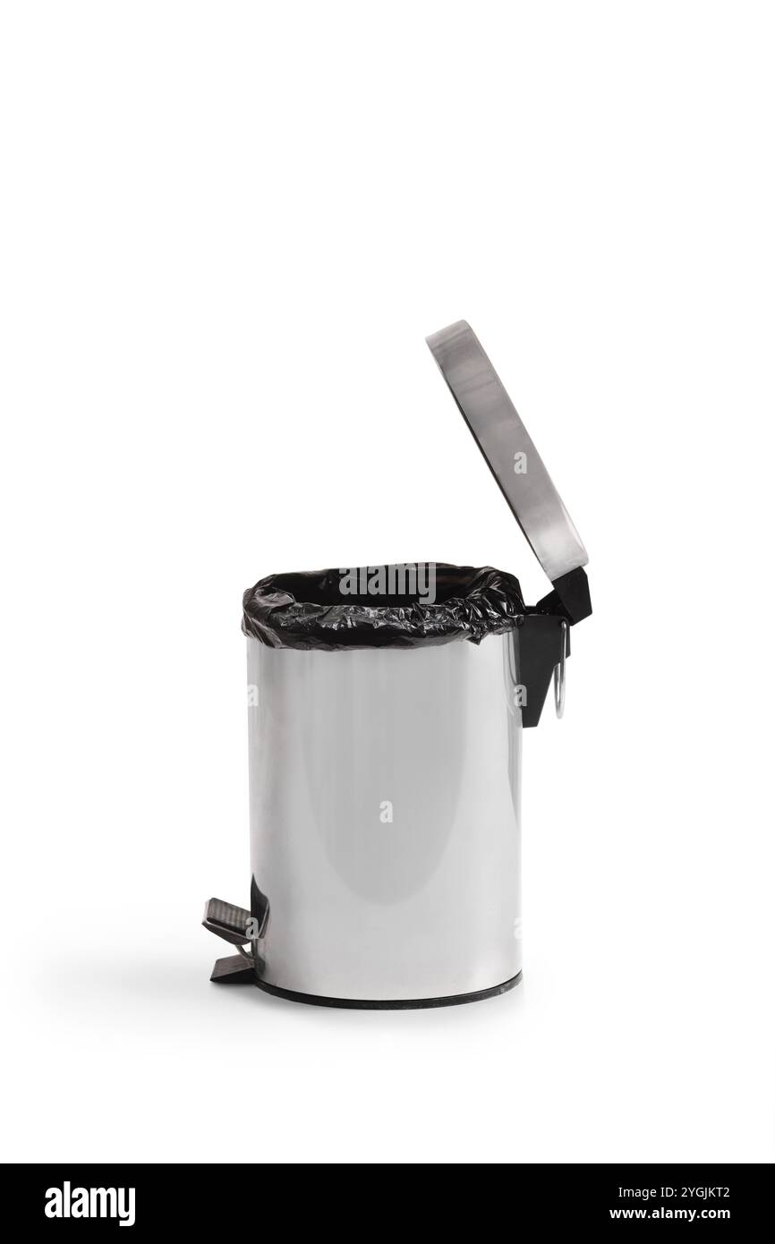 Studio shot of a metal trash can with an open lid isolated on white ...