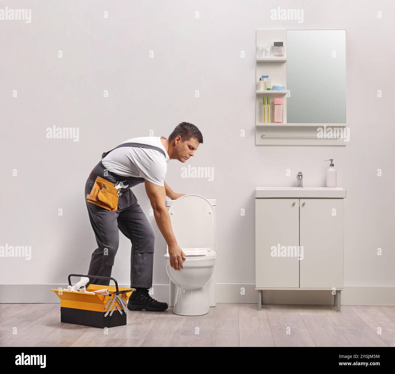 Plumber installing a toilet seat inside a bathroom Stock Photo - Alamy