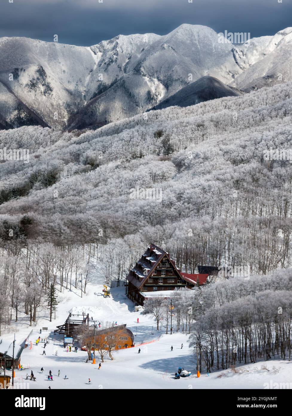 Spectacular snow covered mountains and ski resort scenery (Zao, Tohoku ...